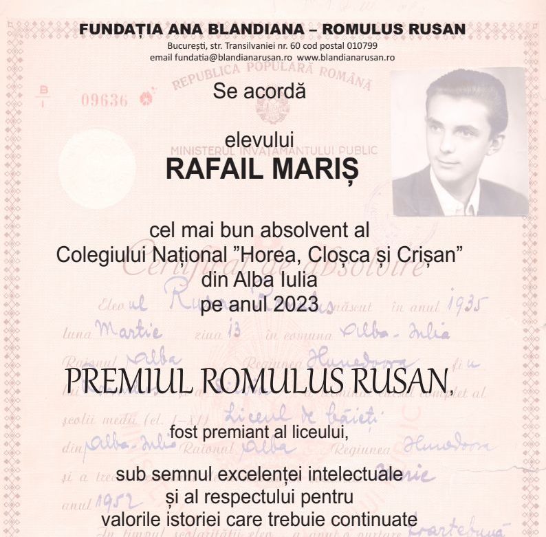 2023: Rafail Mariș, câștigător al premiului anual Romulus Rusan acordat ...